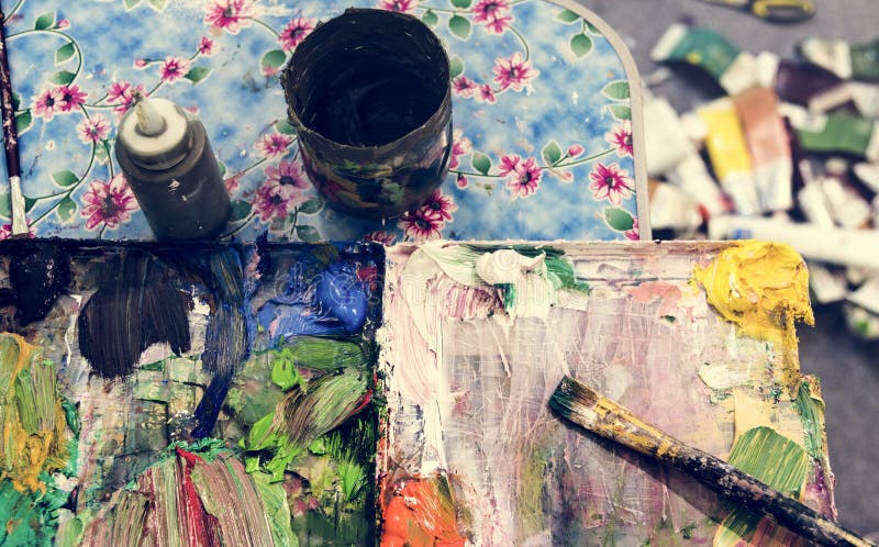Messy Color Palette with Brushes Stock Photo - Image of palette ...