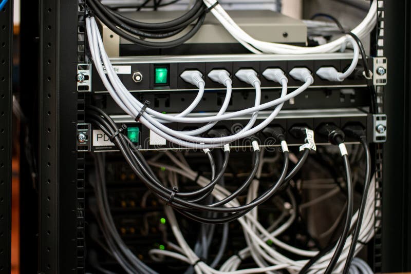 Messy Connection Computer and LAN Cables Power Cord Plugs. Close Up ...