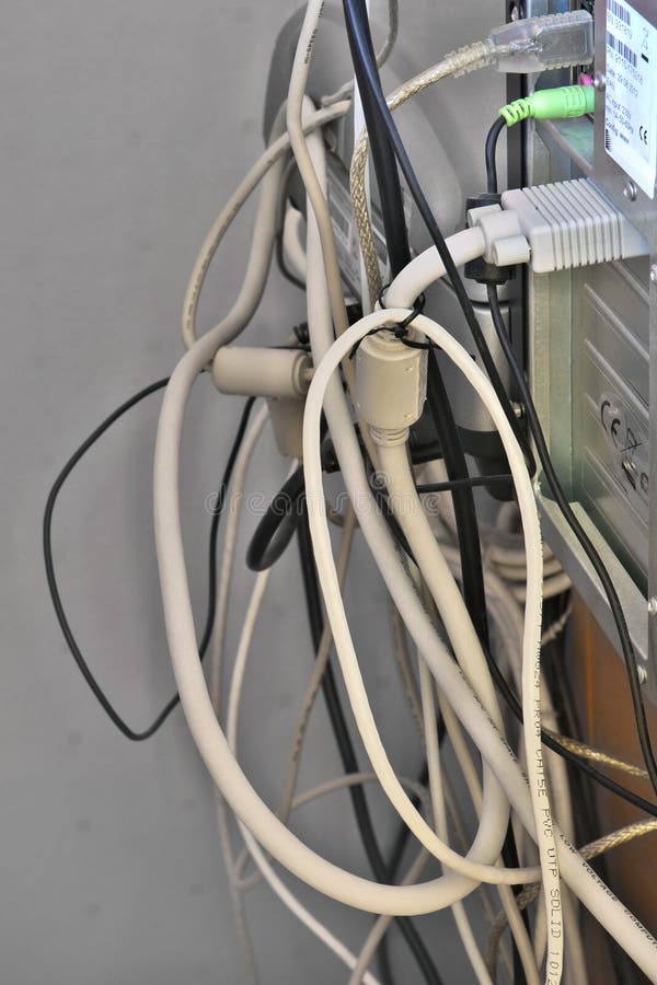 Messy Connection Computer and LAN Cables Power Cord Plugs. Close Up ...