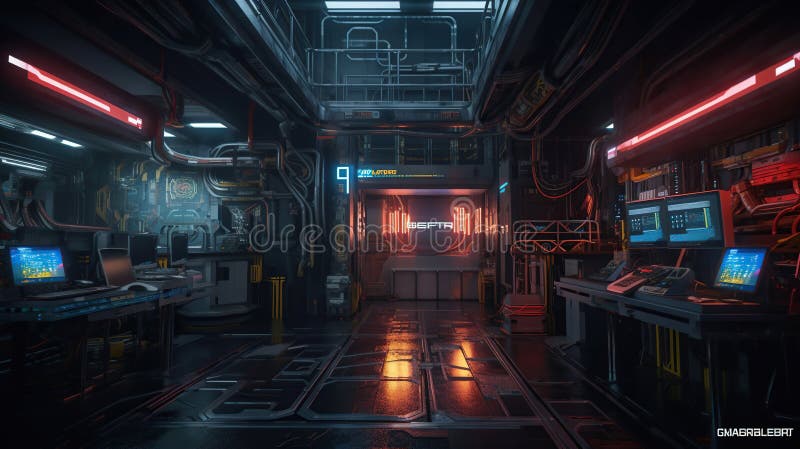 Messy and Dark Cyberpunk Hacker Hideout Room with Neon Lights ...