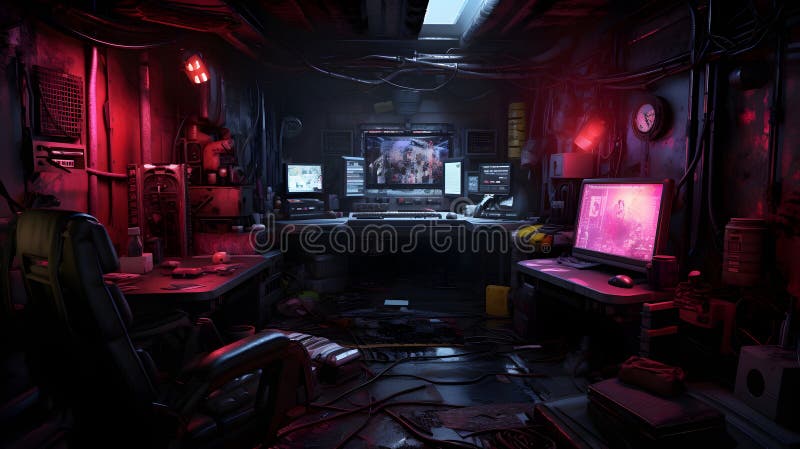 Messy and Dark Cyberpunk Hacker Hideout Room. Neural Network Generated Image Stock Photo - Image ...