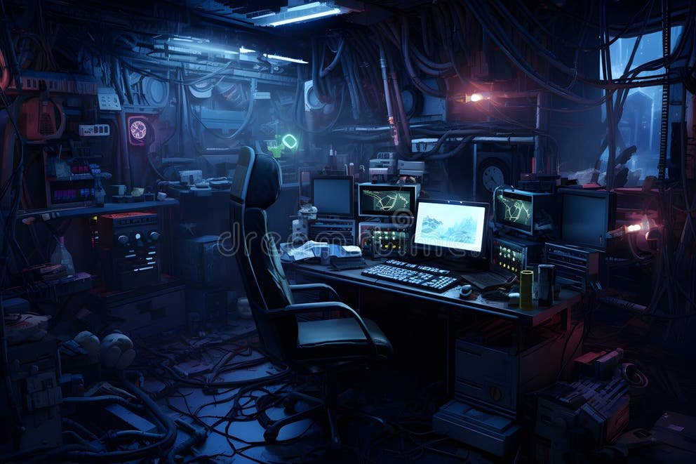 Messy and Dark Cyberpunk Hacker Hideout Room. Neural Network Generated ...