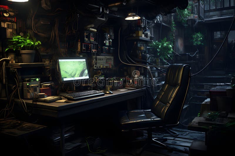 Messy and Dark Cyberpunk Hacker Hideout Room. Neural Network Generated ...