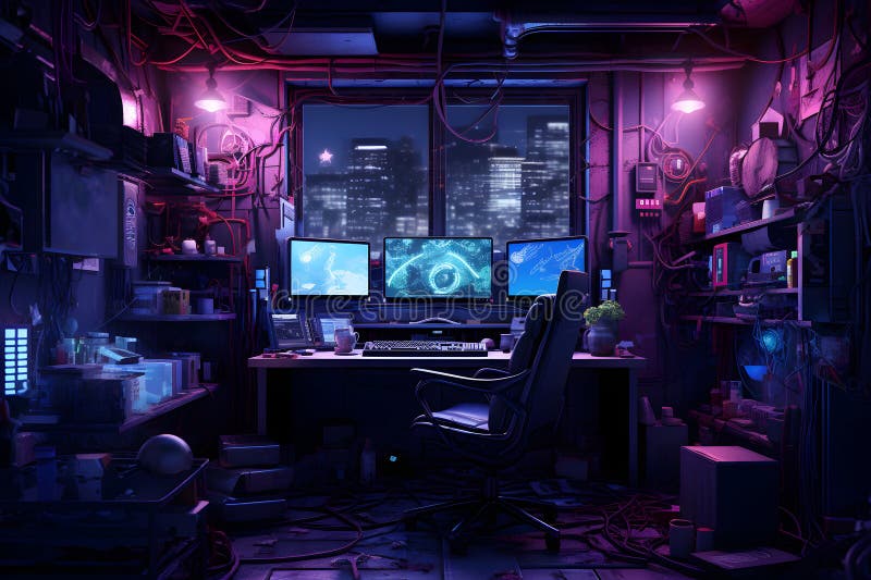 Messy and Dark Cyberpunk Hacker Hideout Room. Neural Network Generated ...