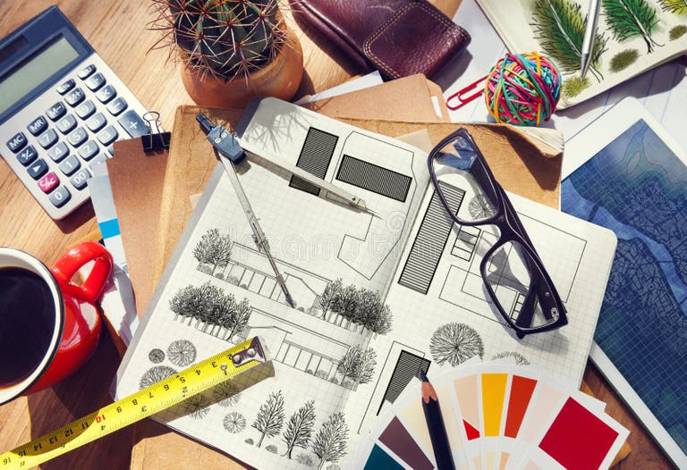 Messy Designer S Table with Project Plan and Tools Stock Image - Image ...