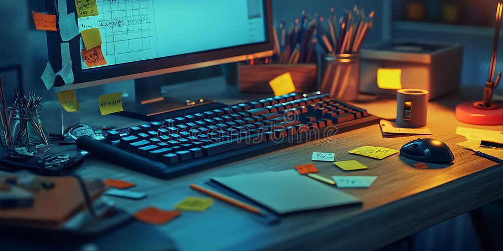 Messy Desk Computer Setup Background Image Stock Illustration ...