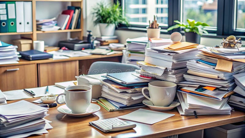 A Messy Desk Full of Paperwork and Two Cups of Coffee Stock ...