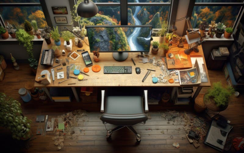 Messy Desk with Mountain View. Created by Generative Artificial ...