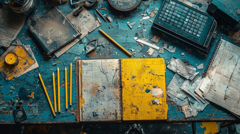 A Messy Desk with a Notebook Pencils Other Tools Stock Illustration ...
