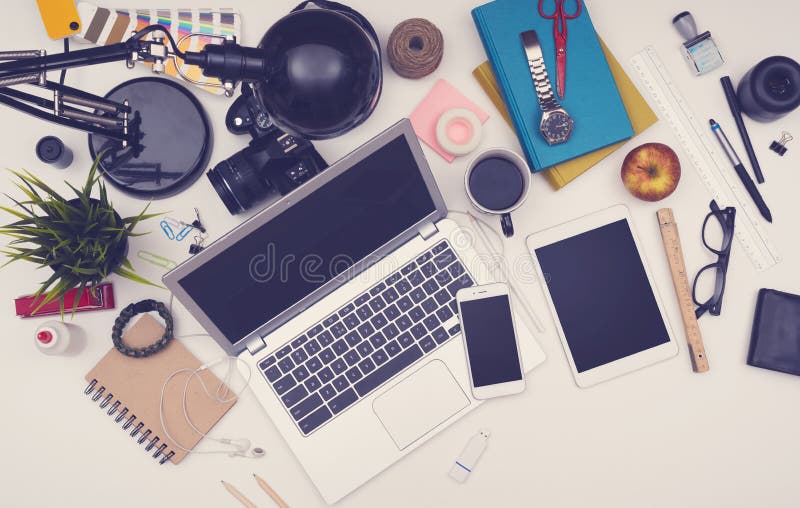 Laptop office desk stock photo. Image of responsive, coffee - 69489196