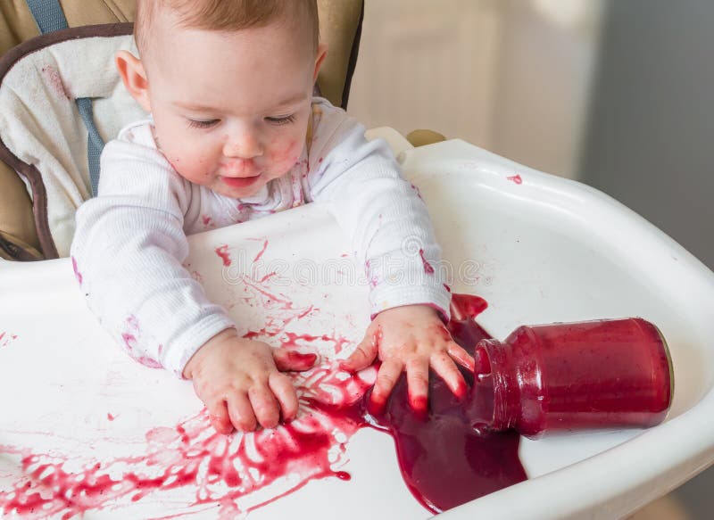 Messy and Dirty Baby is Eating Snack with Hands Stock Image - Image of ...