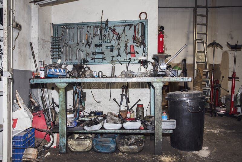 Messy and Dirty Mechanical Workshop Stock Photo - Image of workbench ...