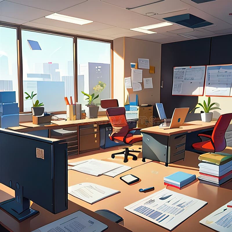 Messy, Disorganized Office, Cute Simple Anime Style Illustration Stock ...