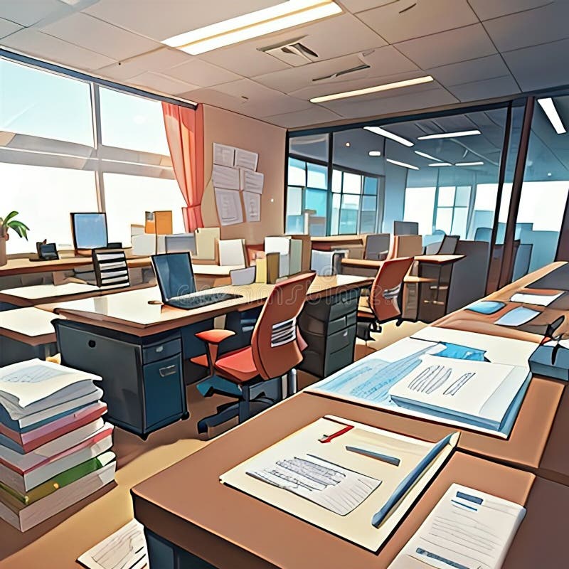 Messy, Disorganized Office, Cute Simple Anime Style Illustration Stock ...