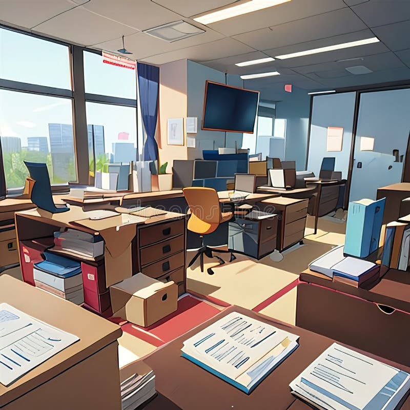 Messy, Disorganized Office, Cute Simple Anime Style Illustration Stock ...