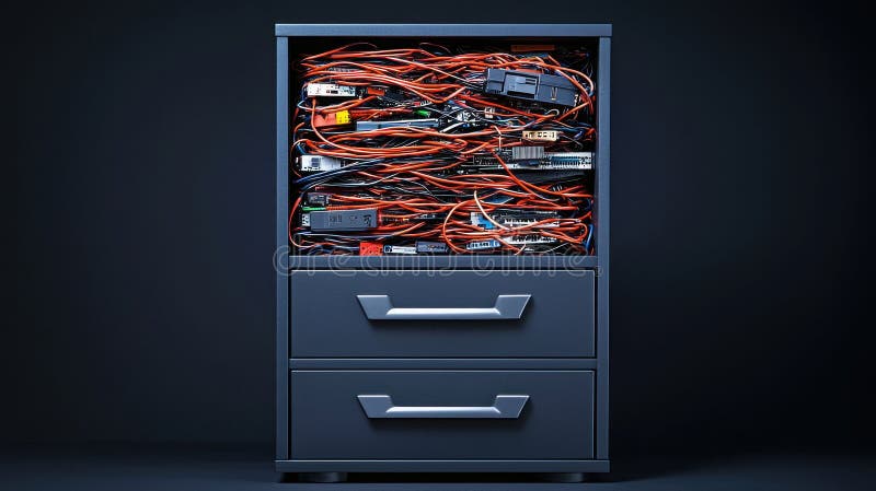 Messy Drawer Filled with Tangled Wires and Electronic Components in a ...