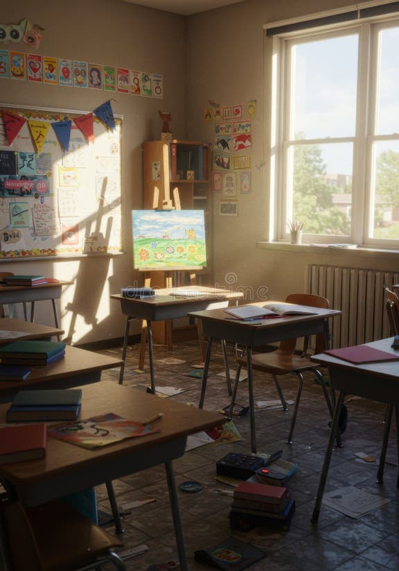 Messy Empty Classroom with Sunlight Streaming through Window Stock ...