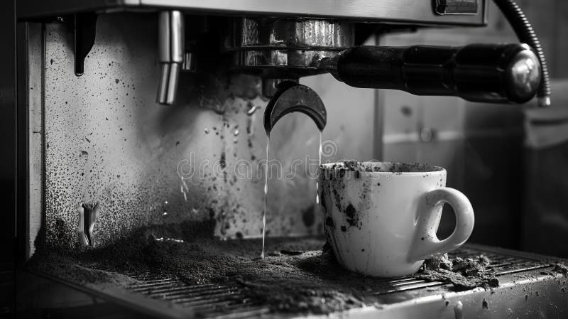Messy Espresso Machine in Action, with Coffee Splatters and Steam ...