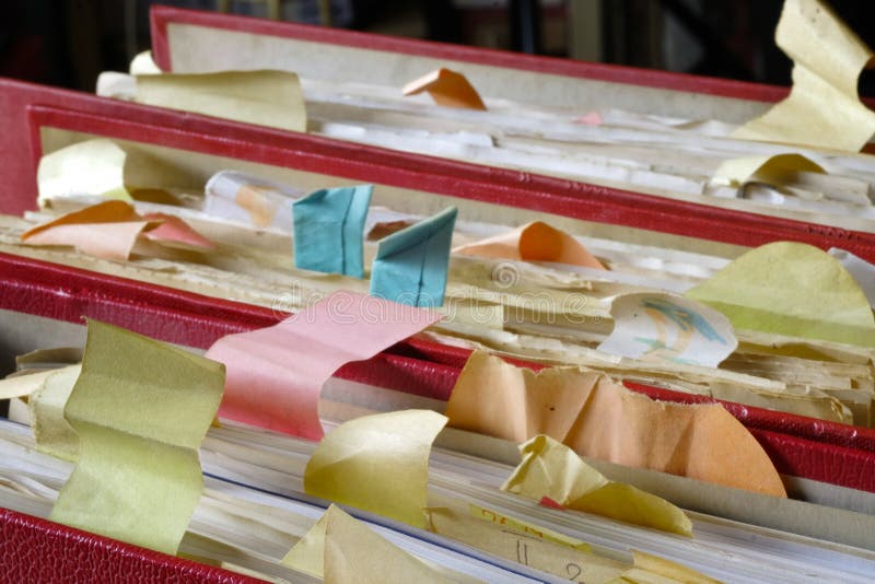Messy File Folders and Documents, Close-up, Slective Focus, Red Tape ...