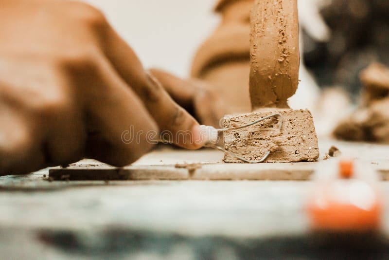 Messy Hands Working Clay, Close Up and Focus on Potters Palms with ...