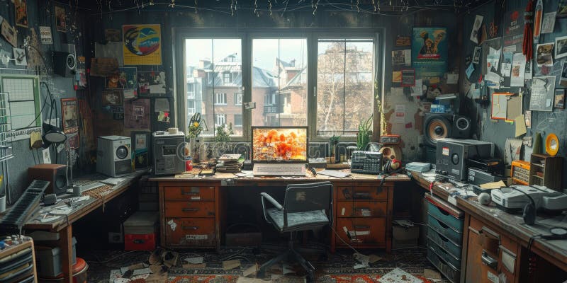 Messy Home Office with a View. Created by Generative Artificial ...