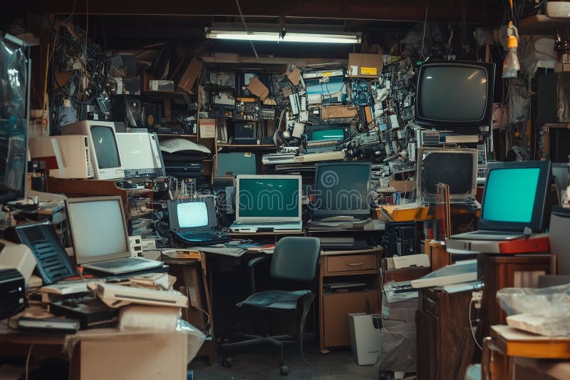 Messy Indoor Workshop with Electronics and Clutter Stock Illustration ...