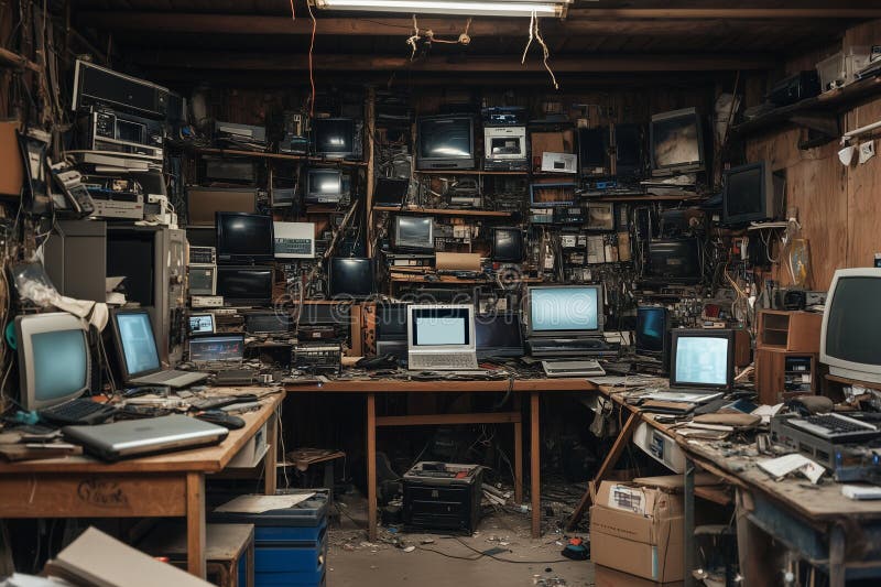 Messy Indoor Workshop Filled with Electronics and Tools Stock ...