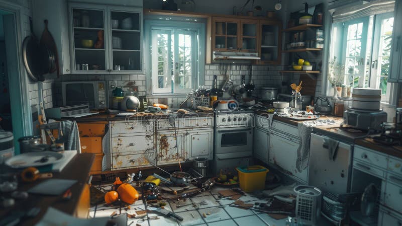 A Messy Kitchen with Clutter on the Floor. Suitable for Home ...