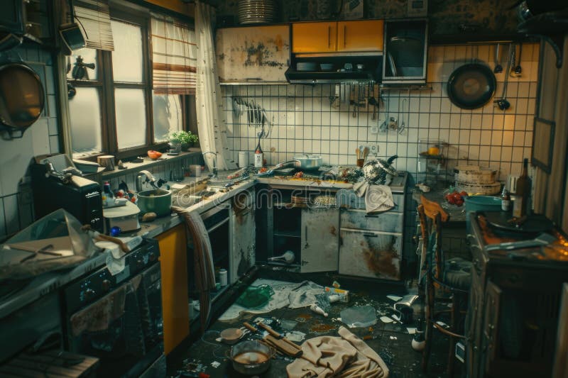 A Messy Kitchen with Clutter on the Floor, Suitable for Home ...