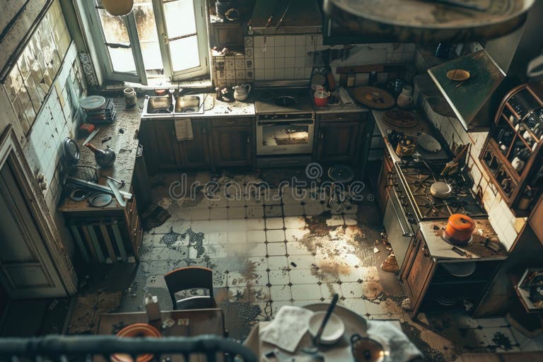 A Messy Kitchen with Clutter on the Floor. Suitable for Household and ...