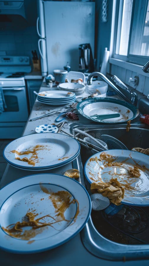 Messy Kitchen with Lot of Clutter on the Floor and Dishes on the ...