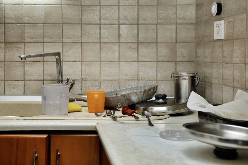 Messy kitchen counter top stock photo. Image of utensils - 300948442