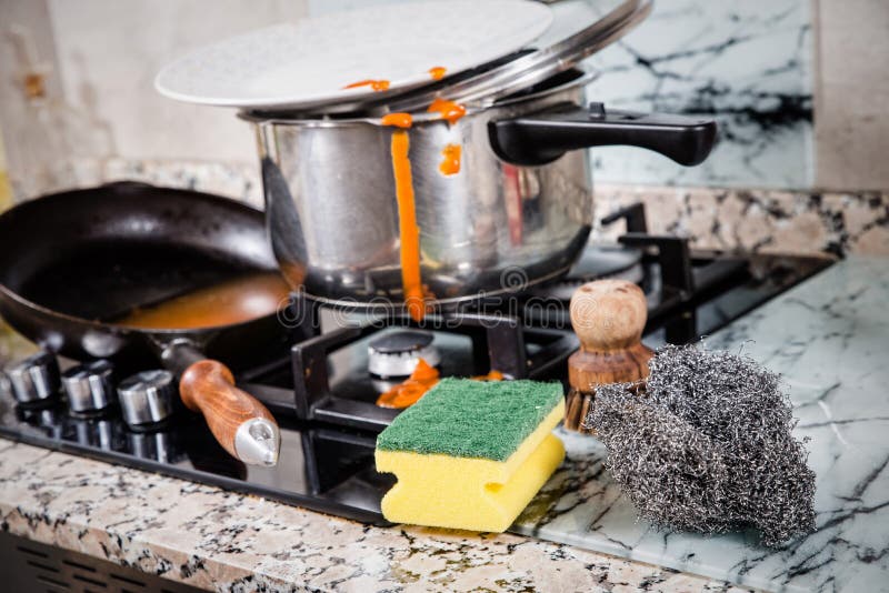 Messy kitchen work top stock image. Image of grimy, pans - 104667073