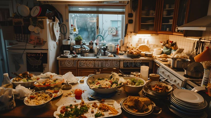 Messy Kitchen with Dirty Dishes and Unfinished Food, AI-generated ...