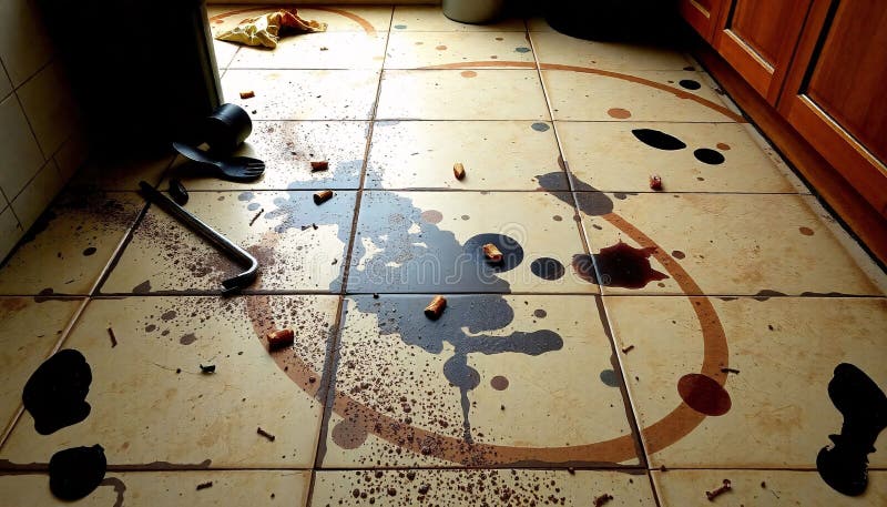 Messy Kitchen Floor with Spills and Debris in a Busy Cooking ...