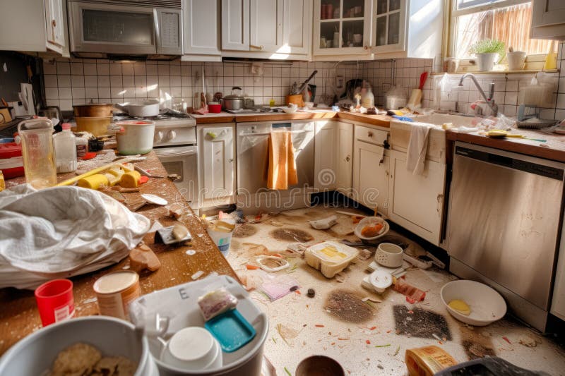 Messy Kitchen With Lot Of Clutter On The Floor And Dishes On The