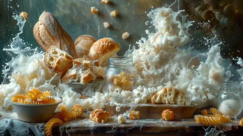 A Messy Kitchen Tableau Featuring Various Pastas, Bread, and Splashes ...