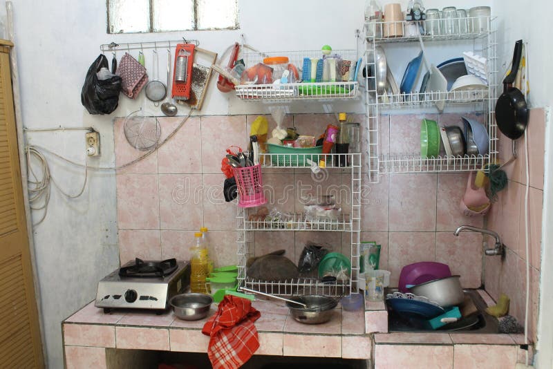 Messy Kitchen with Utensils Stock Image - Image of room, shelf: 202873829