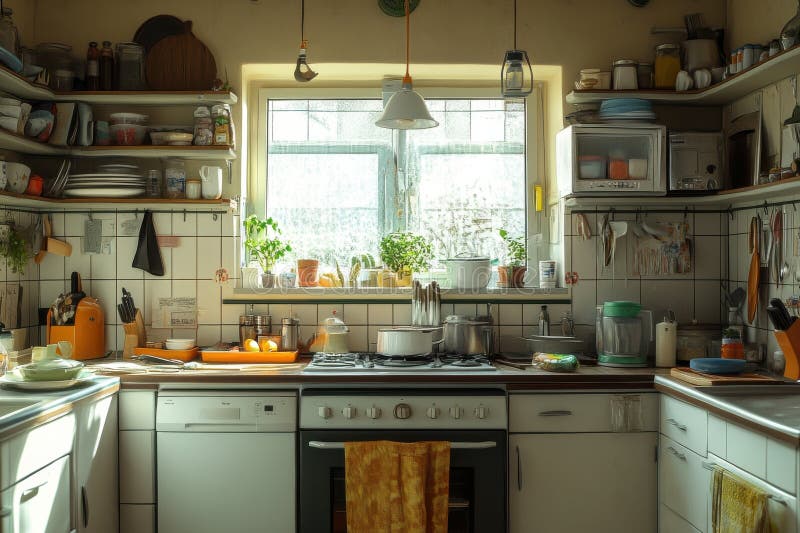 A Messy Kitchen with a Window and a Stove Stock Image - Image of house ...
