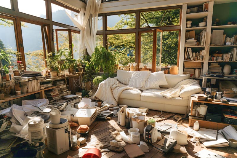 Messy Living Room Filled with Clutter Stock Illustration - Illustration ...