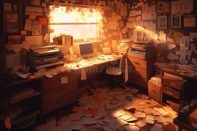 Messy Office with Computer Desk Full of Paperwork Everywhere. Stock ...