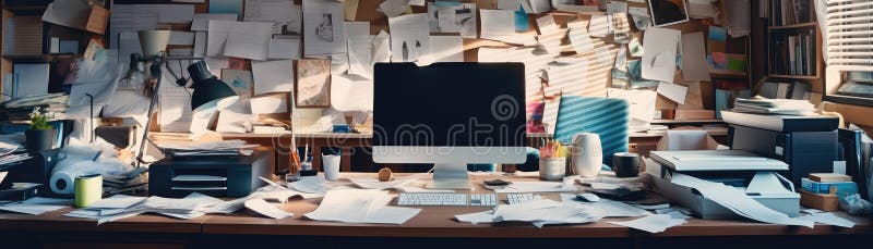 Messy Office with Computer and Lots of Papers Panoramic Banner Stock ...