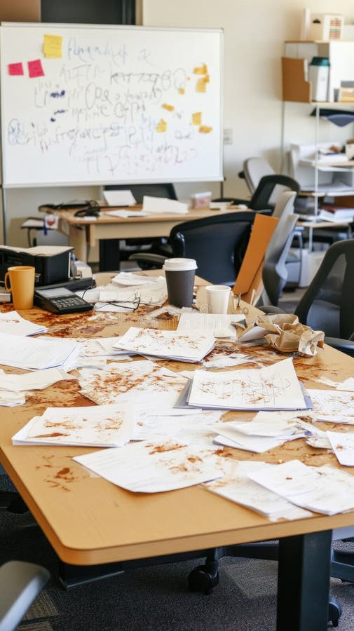 Messy Office Desk Covered in Papers and Coffee Stains after a ...