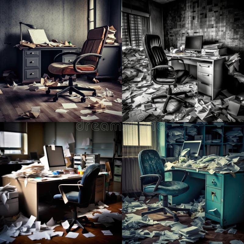 4 Office Littered with Papers, Computer Stock Illustration ...
