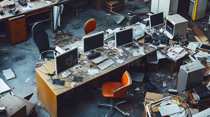 A Messy Office with a Desk Full of Computer Equipment and a Chair Stock ...
