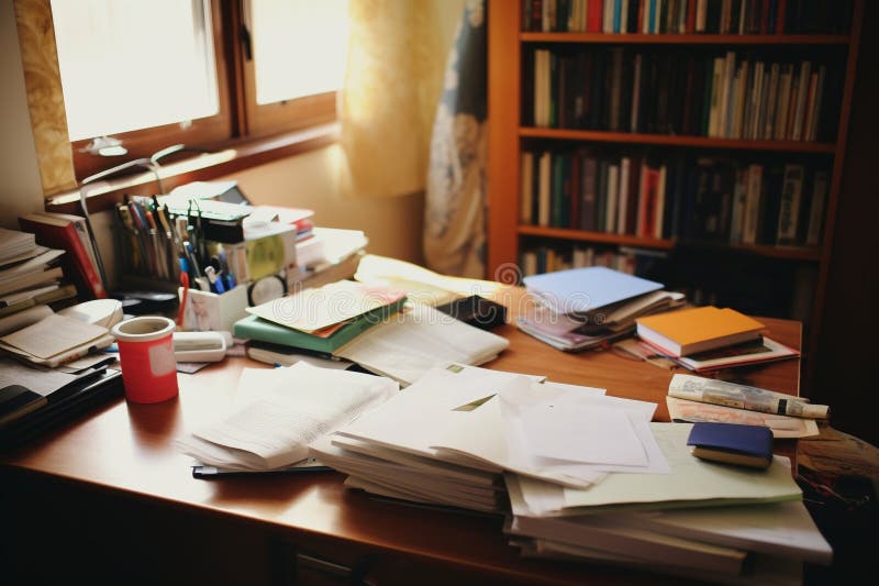 Messy Office Desk with Lots of Papers and Books on it Stock ...