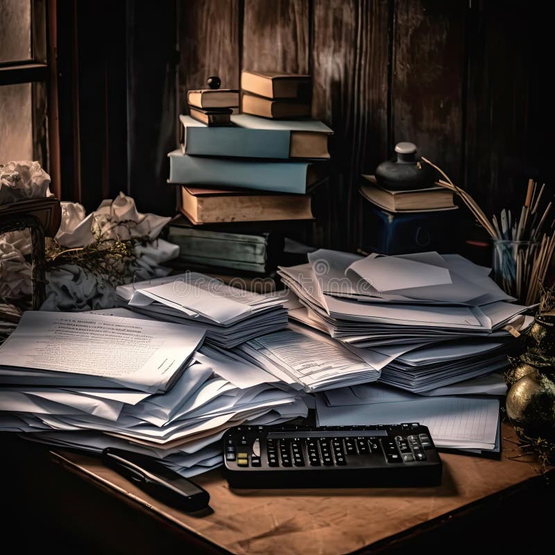 Messy Office Desk with Piles of Books, Calculator, and Paper Stock ...