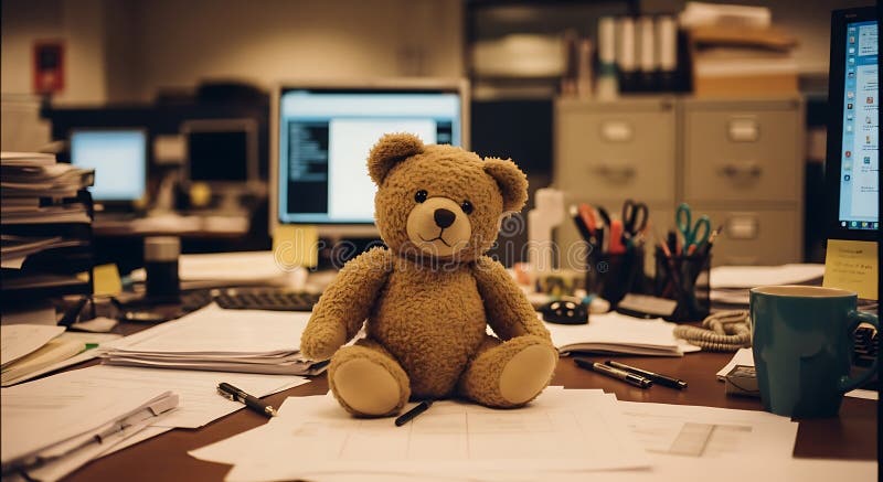 Messy Office Desk with Teddy Bear, Papers, and Computer Monitors, Busy Work Environment with ...