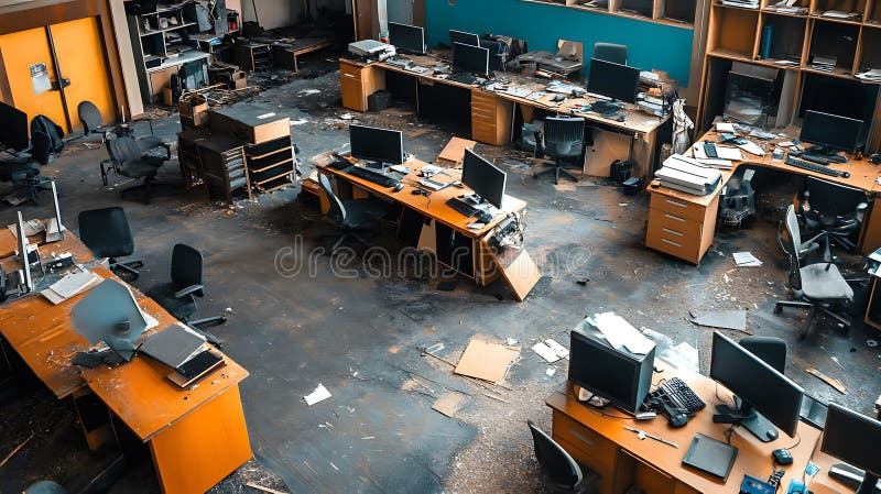 A Messy Office with Desks and Chairs Scattered Around Stock ...
