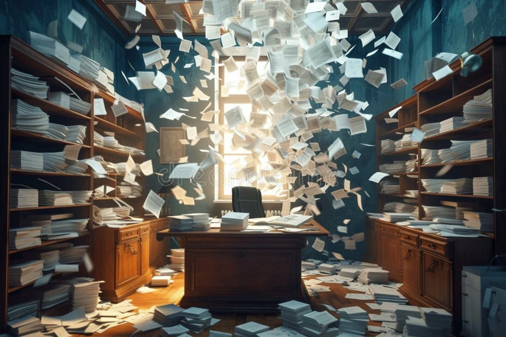 Messy Office Environment with Documents Flying in Disarray Stock ...